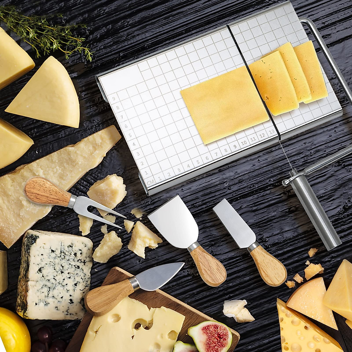 Ingcebo Stainless Steel Cheese Cutting Board with Wire Cutter, Cheese Slicer Cutter with 4 Cheese Knives Set and 5 Replacement Wires for Cutting Cheese