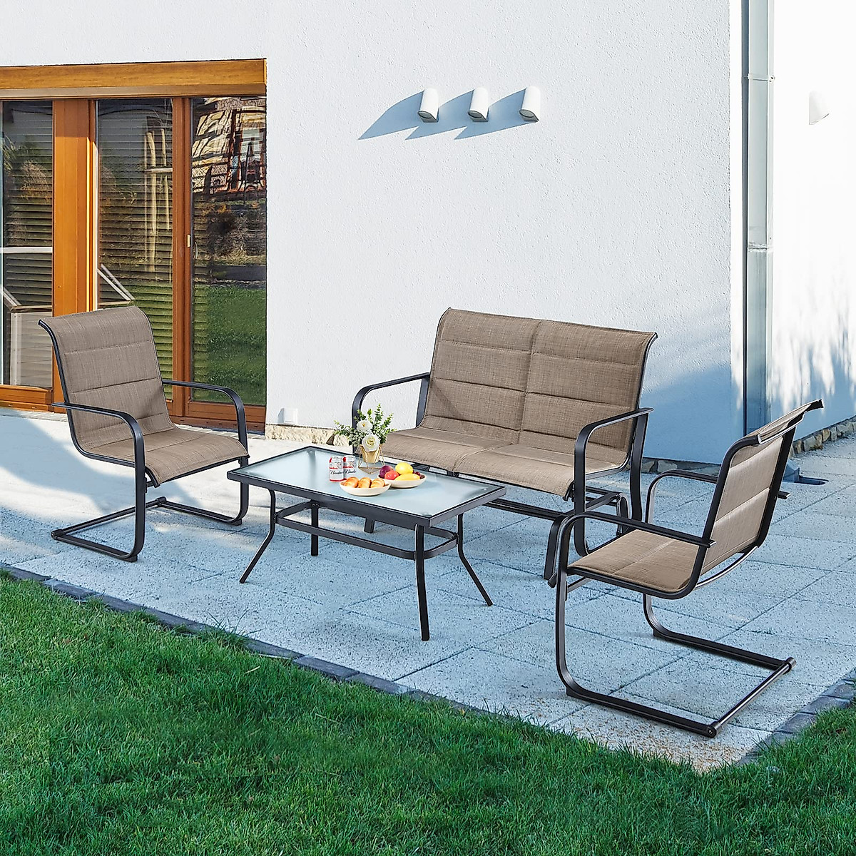 Tangkula 4 Pieces Outdoor Furniture Set, Patio Conversation Set with Coffee Table, 2-Person Swing Glider Loveseat and 2 Spring Motion Dining Chairs, Sectional Sofa Set with Cotton Padded (Brown)