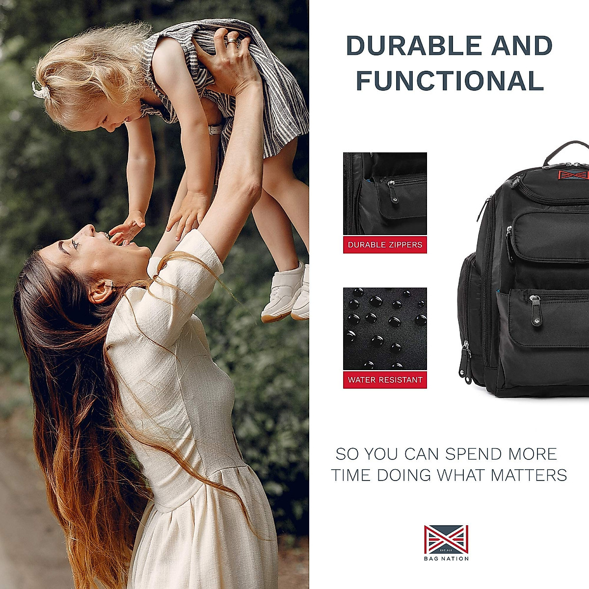 Bag Nation Diaper Bag Backpack | Large Capacity Unisex Baby Bag with Stroller Straps, Changing Pad and Sundry Bag - Holds All Your Baby’s Essentials - Baby Shower Bundle