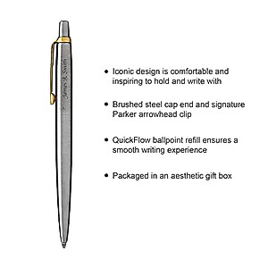Parker Personalized/Engraved Jotter Stainless Steel & Gold Ballpoint Pen with Leather Case and Gift Box - Custom Engraved with your Name (Stainless Gold)