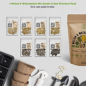 7 Melon & Watermelon Seeds Variety Pack for Planting Indoor & Outdoors 420+ Non-GMO Heirloom Fruit Garden Growing Seeds: Sugar Baby Watermelon, Canary & Honeydew Melon, Crimson Sweet Watermelon & More