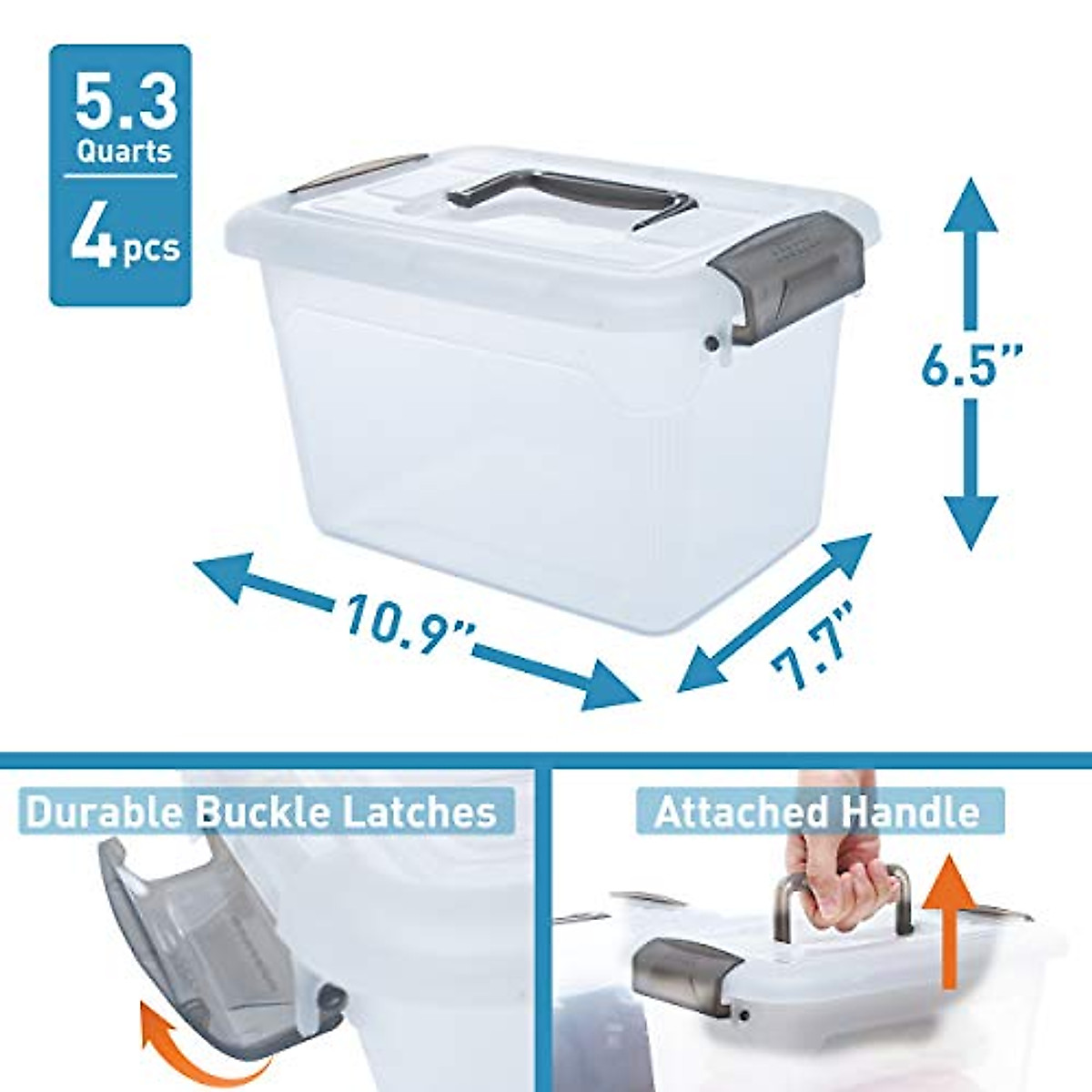 Citylife 4 Pcs 5.3 QT & 4 Pcs 8.5 QT Storage Bins with Lids Clear Plastic Bins with Grey Handle Stackable Storage Containers for Organizing