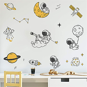 ROFARSO Wall Stickers Astronaut Planet Outer Space Stars DIY Vinyl Removable Large Wall Decals Art Decorations Decor for Kids Boys Bedroom Living Room Playing Room Murals