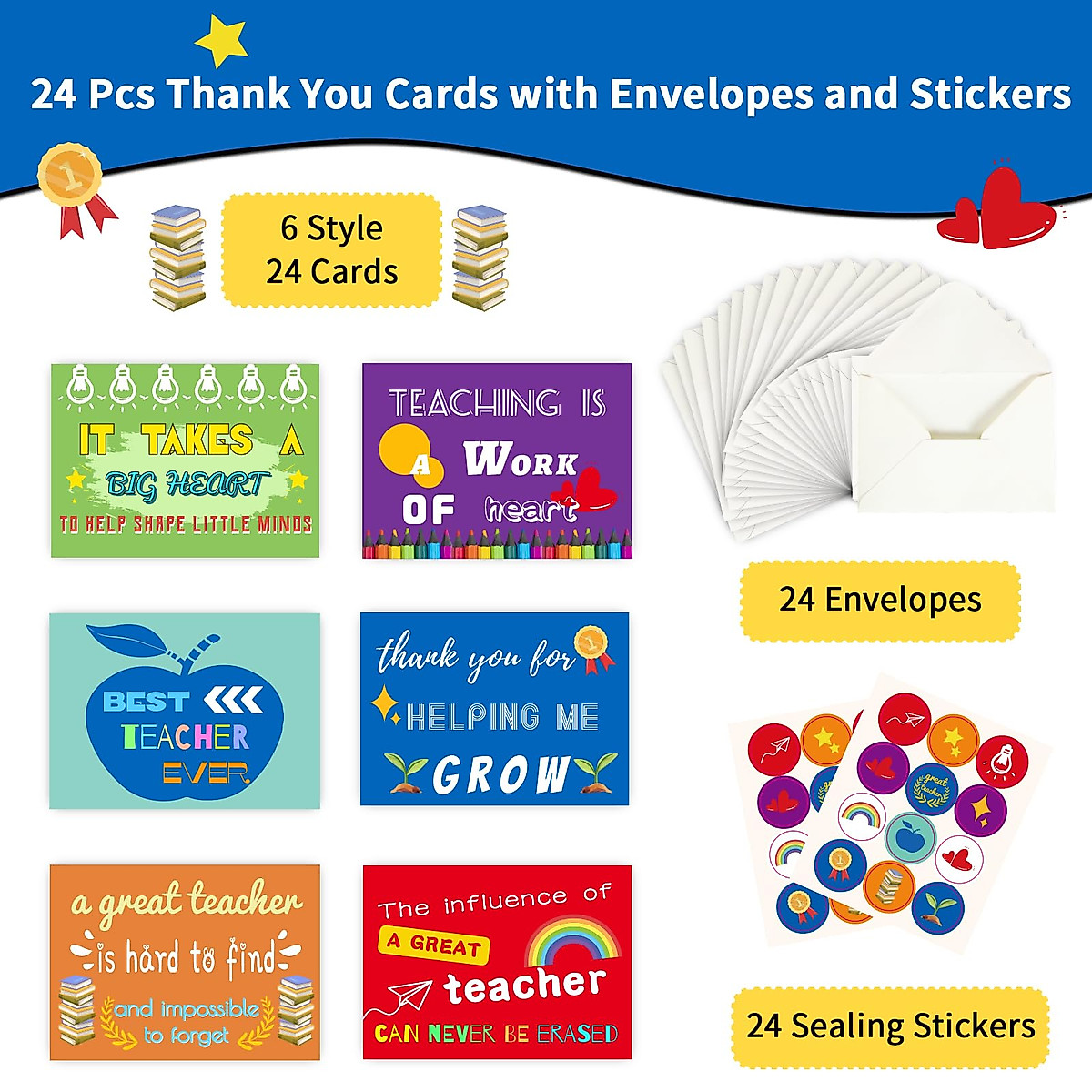 emzrivo 24 Pcs Teacher Appreciation Cards Teacher Thank You Cards with Envelopes and Stickers Thank You Cards for Teacher Gift Cards Bulk Teacher Card for Thanksgiving Christmas Day, 4 x 6 Inches