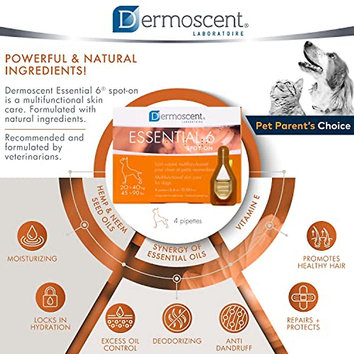 Dermoscent Essential 6 spot-on - Dog Skin Care for Dandruff & Allergy Relief with Vitamin E Oil - Anti Itch for Dogs - Natural Ingredients for Sensitive Skin - Dogs 20-40 kg - 4 Pipettes of 2.4 ml