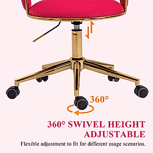 Allnifurv Home Office Chair with Hand Woven, Velvet Upholstered Desk Chair with Open Back, 360° Swivel & Height Adjustable Task Chair, Ergonomic Office Chair with Gold Base (Rose Red)