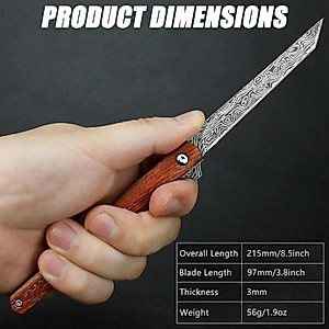 Carimee Pocket Knife 3.8", Slim Gentlemen`s EDC outdoor tool knife, HC Stainless Japanese style Blade, Wooden Handle, with Leather Sheath, 2024 Gifts for Men and Women