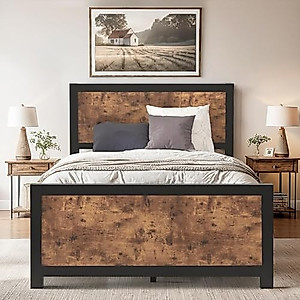 Catrimown Twin Bed Frame with Headboard and Footboard, Rustic Brown Metal Platform Bed Frame, Sturdy Mattress Foundation, Easy Assembly - No Box Spring Required
