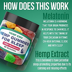 Hemp Emu Hemp Gummies for Sleep - Fall Asleep Faster, Stay Asleep Longer - 10mg Melatonin + Premium Hemp Extract, 2 Gummies Per Serving - 60 Count Fruit Flavored Gummies