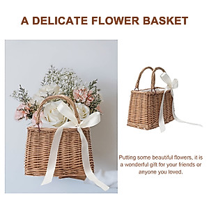 CARMELIT Flower Girl Basket Boho Style Rattan Baskets with White Ribbon for Weddings, Classic Wicker Handbag Basket Purse Basket Bags Women Straw Tote with Handle