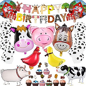 53Pcs Farm Birthday Party Supplies for Kids Barnyard Farm Animal Theme Party Decorations Animal Birthday Banner Farm Animal Walking Balloons Cow Print Balloons Cupcake Toppers Set for Boys Girls