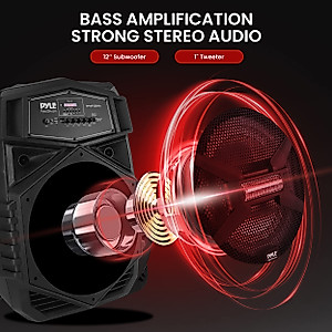 Pyle 12'' Portable Bluetooth Speaker System - 1000W Karaoke Speaker w/ LED Lights, USB/Micro SD/FM/BT/Aux/Remote Control/Mic & Guitar Inputs, Built-in Rechargeable Battery w/ Wheels & Handle Bar