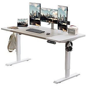 Radlove Electric Height Adjustable Standing Desk, 63x 30 Inches Stand Up Desk Workstation, Splice Board Home Office Computer Standing Table Ergonomic Desk (White+ Oak, 63x30'')