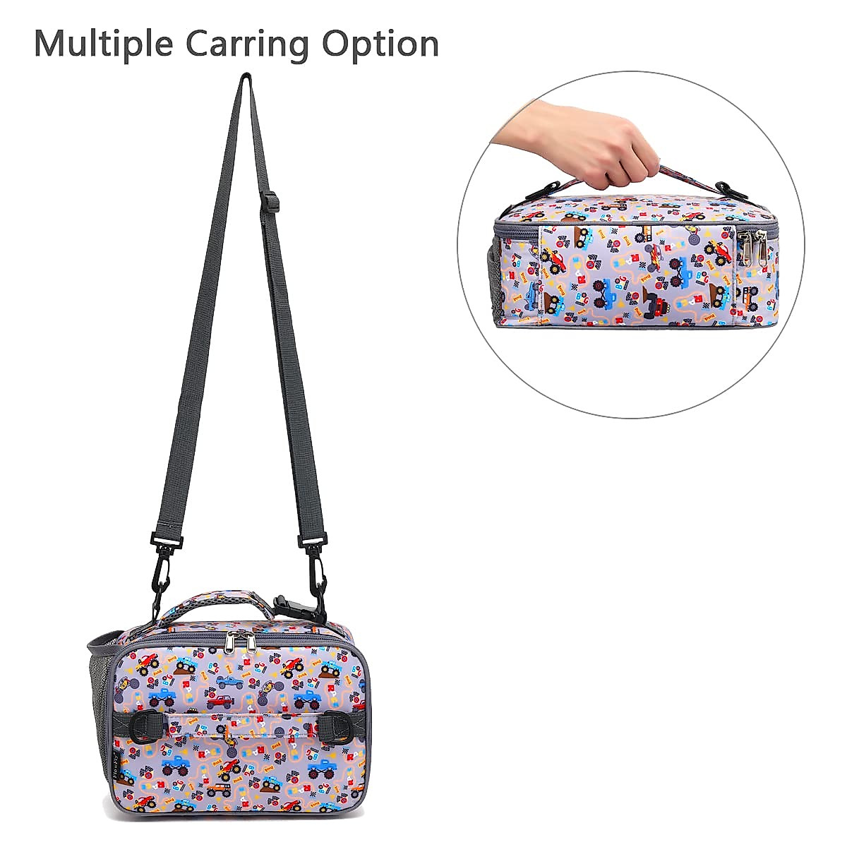 FlowFly Kids Lunch Bag, Durable Insulated School Lunch Box with Shoulder Strap and Bottle Holder, Water-resistant Thermal Small Lunch Cooler Tote for Teen Boys & Girls,Truck