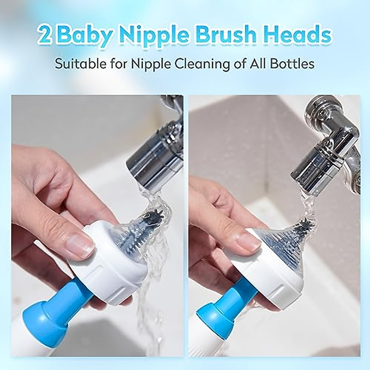 ZRFMIB Electric Bottle Brush Set with Baby Bottle Brush, 2 Nipple Brush, Straw Brush and Extension Handle, Rechargeable Bottle Brush Cleaner, for New Baby Family,Blue