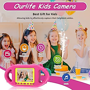 Ourlife Kids Underwater Camera, Selfie Waterproof Cameras Toys for Girls, 1080P 2.4'' Large Screen Cam with 8GB TF Card, Silicone Handle, Fill Light, Christmas Birthday Gift for Girls (Pink)