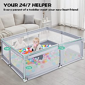 Large Baby Playpen, 71x59 Extra Large Baby Playard for Toddler, Playpens for Babies, Sturdy Safety Kids Activity Center, Baby Gate Playpen with Breathable Mesh 2 Handles（Light Gray）