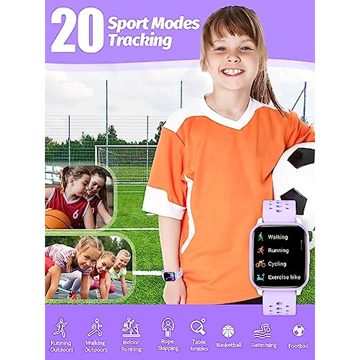 Butele Kids Smart Watch Girls Boys, Smart Watch for Kids Game Smart Watch Gifts for 4-16 Years Old with Sleep Mode 20 Sports Modes 5 Games Pedometer Birthday Gift for Boys Girls (Purple)