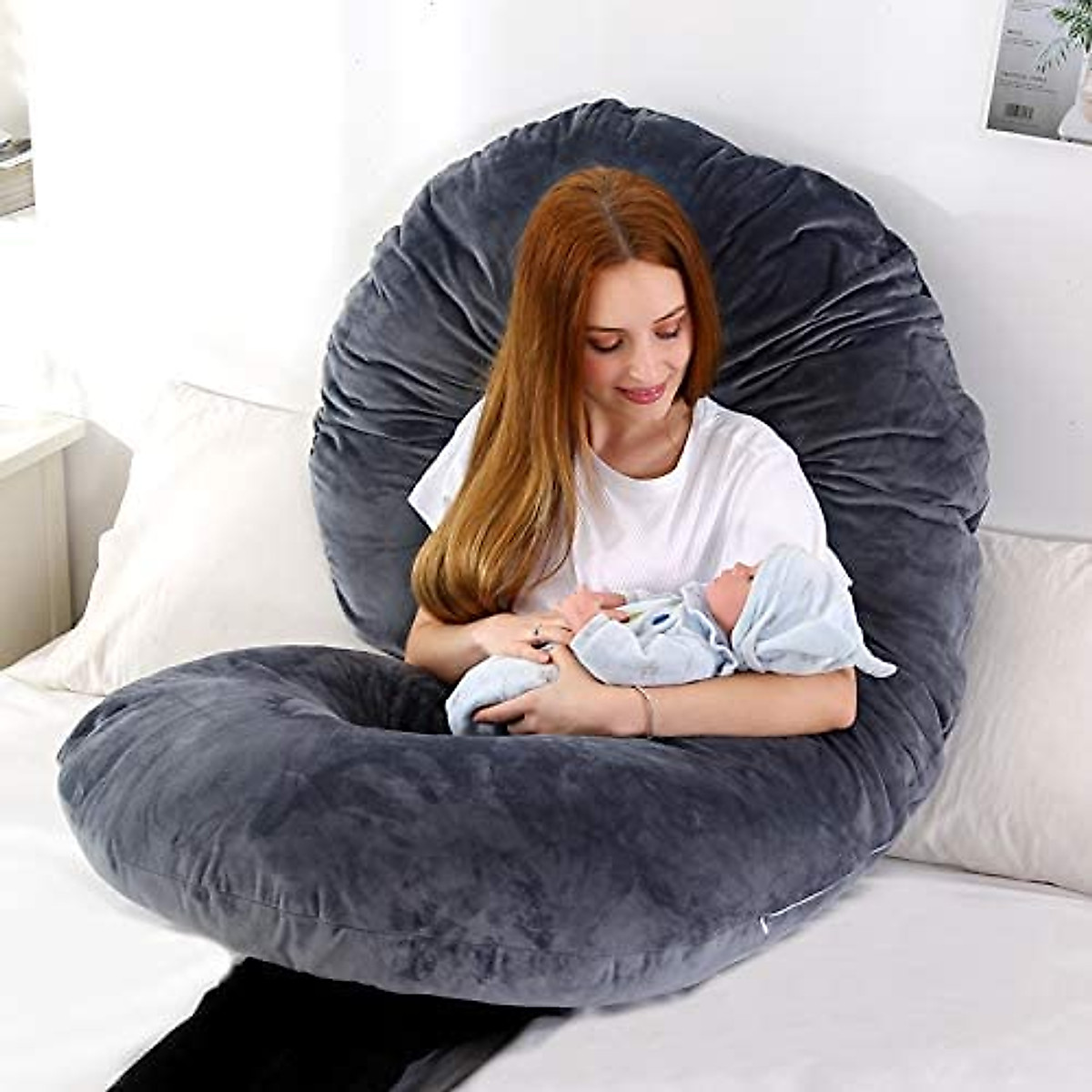 CDEN Pregnancy Pillow, C Shaped Full Body Pillow 52", Maternity Pillow Support for Back, Legs, Neck, HIPS for Pregnant Women with Removable Washable Velvet Cover(Black)