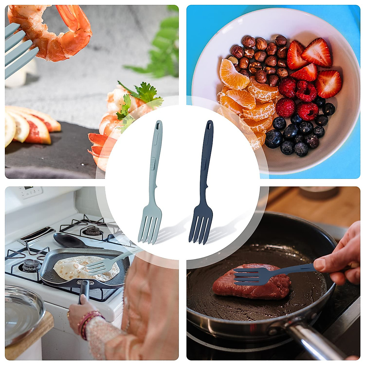 2pcs Silicone Flexible Forks, Silicone Cooking Fork Heat Resistant, Multifunctional Nonstick Blending Fork for Cooking Utensil for Kitchen Stir Mix Mash (Lake Blue, Dark Blue)