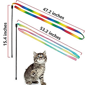 LASOCUHOO Interactive Cat Rainbow Wand Toys, Interactive Cat Teaser Wand String, Colorful Ribbon Charmer for Kittens - 2 PCS