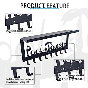 OYEFLY Pool Towel Rack,Wall Mount Towel Hooks Towel Holder with 8 Hooks,Pool Area Outside Sign (Black with Shelf, 16.1in)