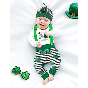 AGAPENG St Patricks Day Baby Boy Outfit Baby St Patricks Day Outfit Boy 3-6 Months Baby Boy St Patricks Day Outfit My First St Patricks Day 1st Romper Four Leaf Clover Suspenders Pants Stripe Hat