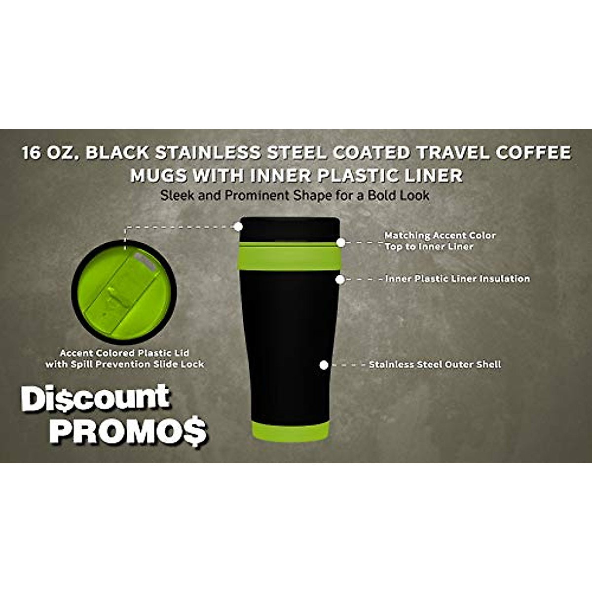 DISCOUNT PROMOS 16 oz. Black Steel Travel Coffee Mugs - 10 pack - Lime Green