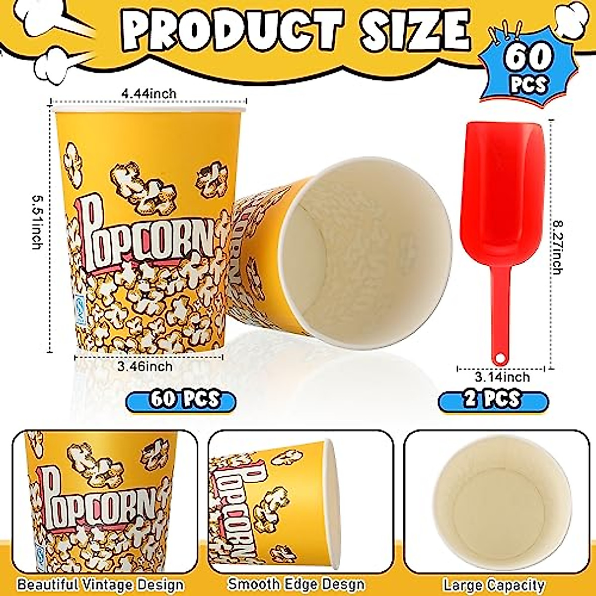 Colarr 31 Pack 32 oz Popcorn Buckets Reusable Popcorn Container Greaseproof Paper Popcorn Tub with Plastic Popcorn Scoop for Home, Theater Movie Night, Circus, Carnival Theme Party Decorations