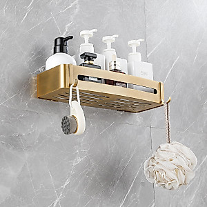 Bathroom Organizer Shelf Shower Caddy Shampoo Holder with Removable Hooks Rustproof Antique Brass Color