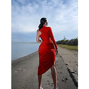 DAAWENXI Women's Sexy Bodycon One Shoulder Long Sleeve Drawstring Ruched Party Dress Red