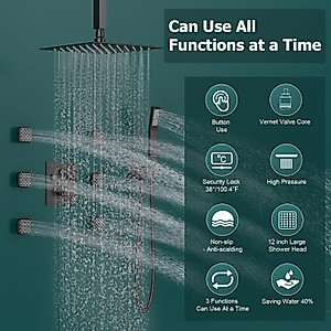 Shower System with Body Jets, 12 Inch Ceiling Rainfall Faucet Set, with Multiple Shower Head System,Contain Thermostatic Shower Valve