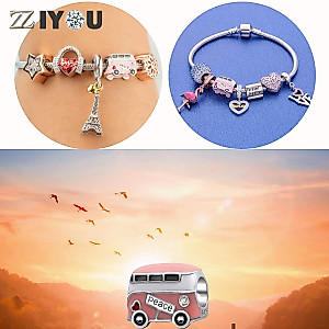 Pink Peace Bus Charms, 925 Sterling Silver with Enamel, Mini Beads fits Pandora Women Bracelets, Gifts for Travel/Mothers Day/Christmas
