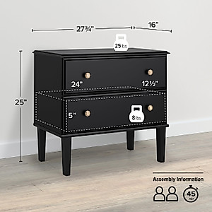 Prepac Lux Nightstand Bedside Table, Black Nightstand for Bedroom, End Table with 2 Drawers 16" D x 27.75" W x 25" H, BDNR-2302-1