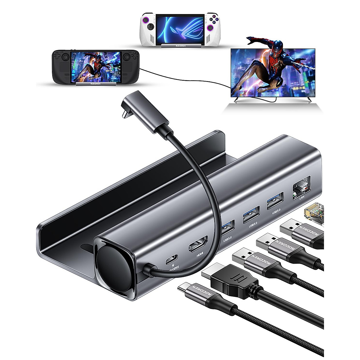 Rocoren 6-in-1 Docking Station for Steam Deck & ASUS ROG Ally, Black, HDMI 2.0 4K@60Hz, 1000Mbps Ethernet, 100W PD3.0 Fast Charging USB-C, 3 USB3.0 for Valve Steam Deck, Nintendo Switch, ROG Ally