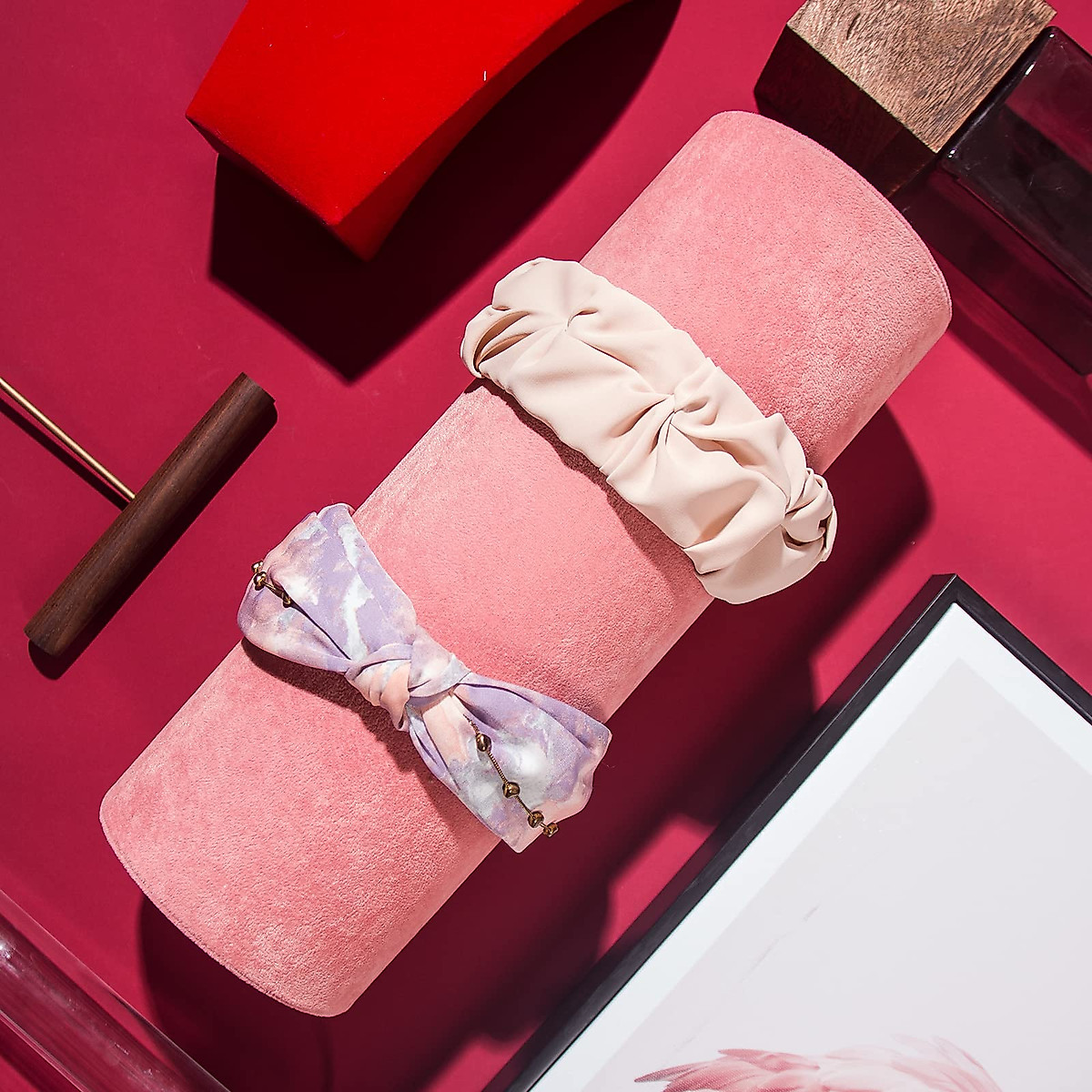 Justsoso Headband Holder Organizer, Soft Velvet Tower Hairband Stand Display, Vertical Hair Hoop Accessories Jewelry Storage for Women Girls (Peach Velvet)