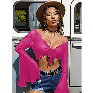Verdusa Women's Tie Front Bell Long Sleeve Blouse Sheer Mesh Crop Top Hot Pink M