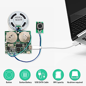Recordable Sound Module, Icstation 8M USB Programmable Sound Chip with Speaker, Push Button Activated Charging Sound Board for DIY Music Card Birthday Valentine's Day Greeting Card
