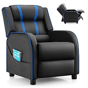 Costzon Kids Recliner, Gaming Recliner Chair w/Side Pockets, Footrest, Headrest & Lumbar Support for Kids Room & Play Room, Adjustable Racing Style Leather Sofa for Children Boys Girls (Blue, Black)