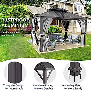 UDPATIO 10' x 12' Hardtop Gazebo, Galvanized Steel Double Roof Permanent Aluminum Gazebo, Outdoor Metal Pergolas with Mosquito Netting and Curtains for Garden, Parties, Patio, Deck, Lawns, Grey