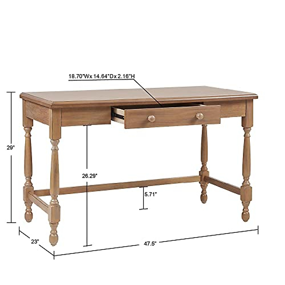 MARTHA STEWART Tabitha Solid Wood Writing Table with Metal Glides Drawer for Storage Living Room Furniture, Home Office Small Computer Desk, Turned Legs, 47.5" W x 23" D x 29" H, Natural