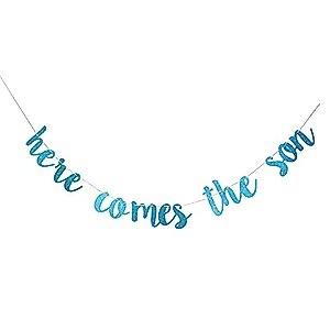 Here Comes the Son Gifts Banner- Boy Blue Glittery Welcome Little Man Baby Boy Shower Party Decor,Gender Reveal Party,Happy 1st Birthday Themes Party Supplies