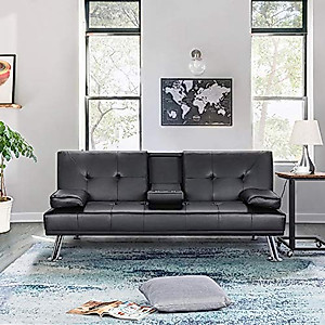 Topeakmart Living Room Futon Sofa Bed Faux Leather Sofa Couch Modern Convertible Folding Recliner with Cup Holders Living Room Furniture Sofa Black