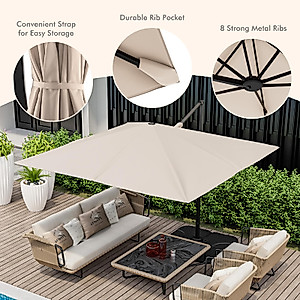 Tangkula 9.5 FT Cantilever Patio Umbrella, Outdoor Square Offset Umbrella with 360癛otation, Heavy Duty Patio Hanging Umbrella with Cross Base for Garden Deck Pool Backyard (Beige)