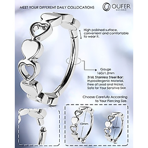 OUFER 16G Helix Earring Hoops, 316L Stainless Steel Helix Piercing Jewelry, Heart-Shaped Design Cartilage Earrings, Conch Daith Lobe Piercing Jewelry For Women And Men-10MM