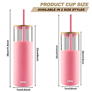 Klickpick Home 20 Ounce Glass Tumblers With Non Slip Silicone Sleeve And 3 Straws And 2 Wooden Fit Lid For Each Glass Water Bottle Tumbler BPA Free (Pink)