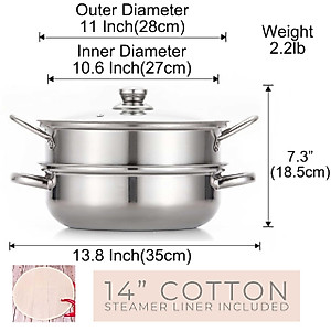 Jovely Dio Bacco 10.6"(27cm) Stainless Steel Steamer Pot Set for Cooking with 14"(35cm) Reusable Natural Pure Round Cotton Steamer Liner, 2 Quart Steamer Insert and Glass Vented Lid - 3 Piece Pack