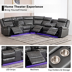 Hybition Power Reclining Sectional Sofa Multi-Functional 6 Seater Sectional Sofa L-Shaped PU Leather L-Shaped Sofa LED Lights Stereo Storage Cup Holders USB -Grey