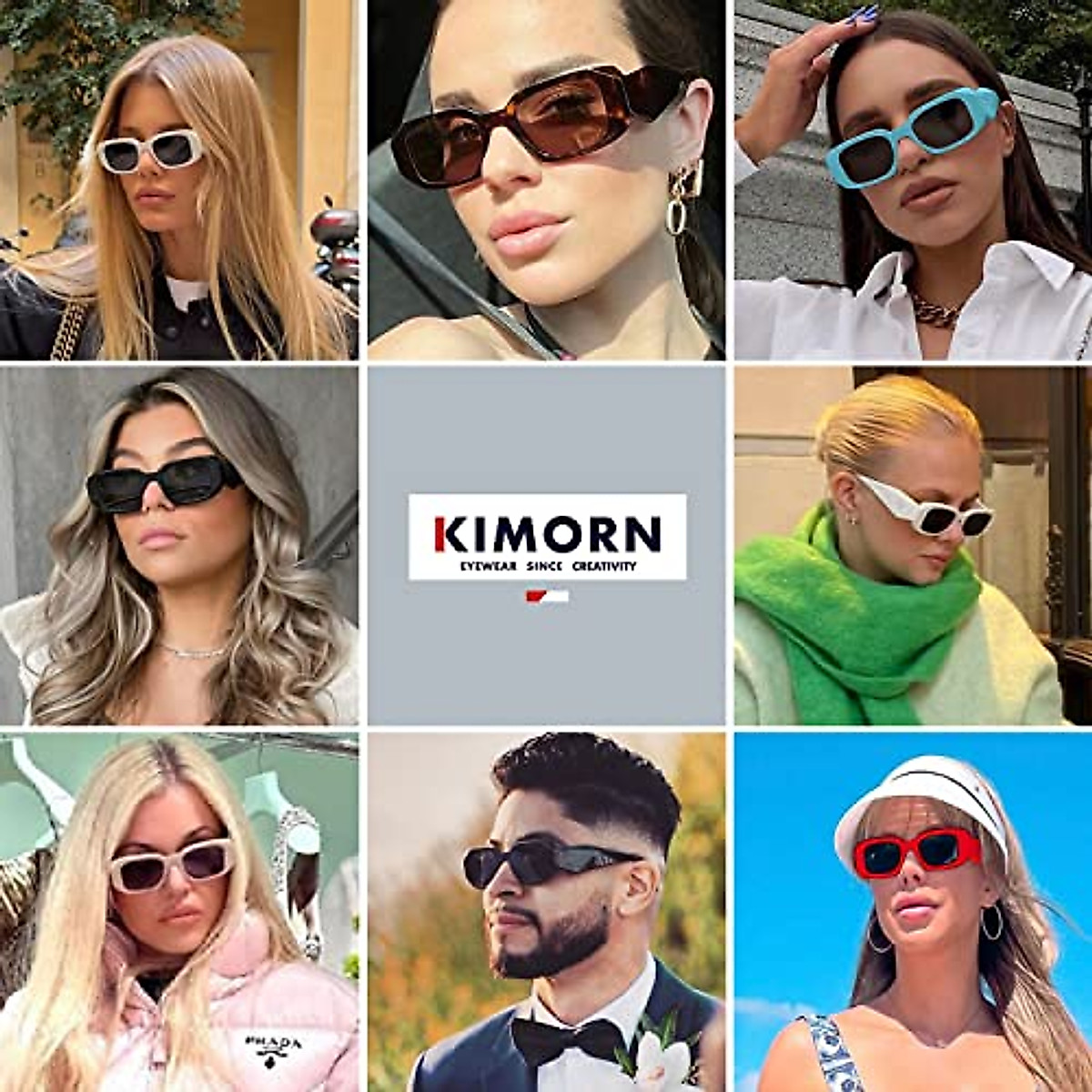 kimorn Rectangle Sunglasses for Women Men Trendy Retro Trendy Sun Glasses 90’s Vintage Square Frame K1307 (Black+Off-white Frame Grey Lens)