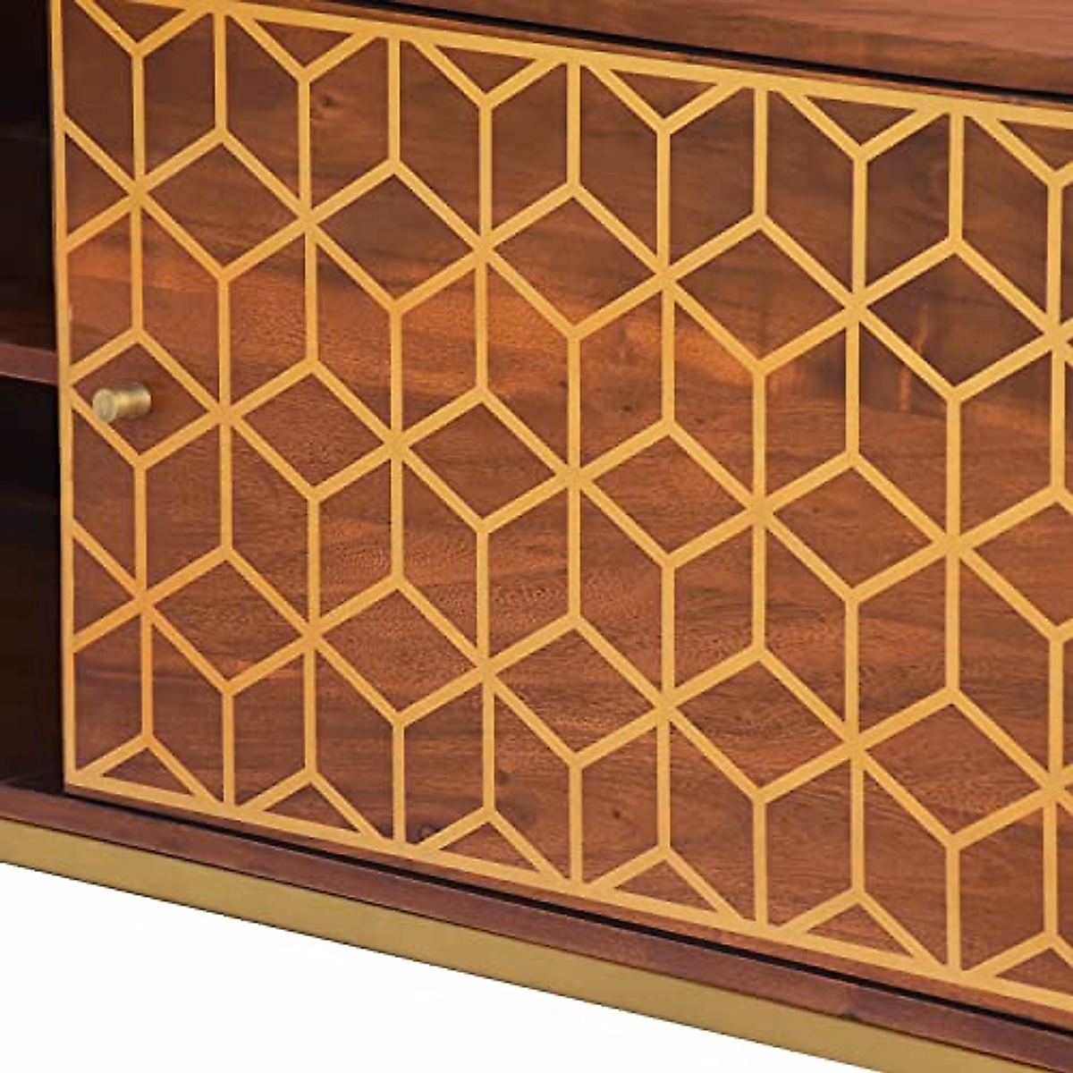 The Urban Port Kalyn 75-Inch Handcrafted TV Media Console Entertainment Center, 2 Doors, Center Shelf, Geometric Design Print, Brown Acacia Wood, Brass